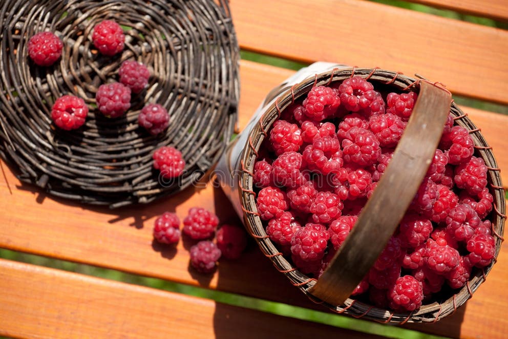 Fresh Raspberry in a Basket on Wooden Table Stock Photo - Image of ...