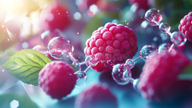 Fresh Raspberry Concept with Molecular Structure and Supplement Theme ...