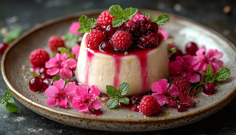 Fresh Raspberry Dessert on Gourmet Plate with Mint Leaf Generated by AI ...
