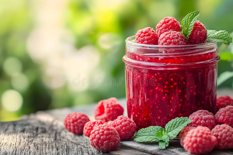 Fresh Raspberry Jam in Glass Jar with Mint on Rustic Wood Surface Stock ...