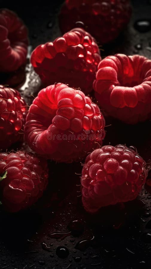 Fresh Raspberry with Water Drops, Close-up Shot on Black Background. AI ...