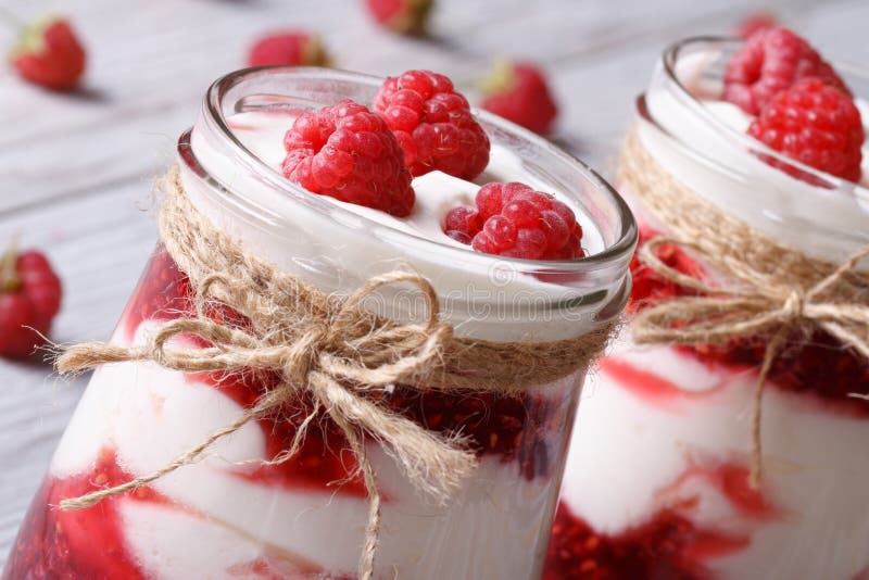 Fresh Raspberry Yogurt in a Glass Jar Closeup Horizontal Stock Image ...