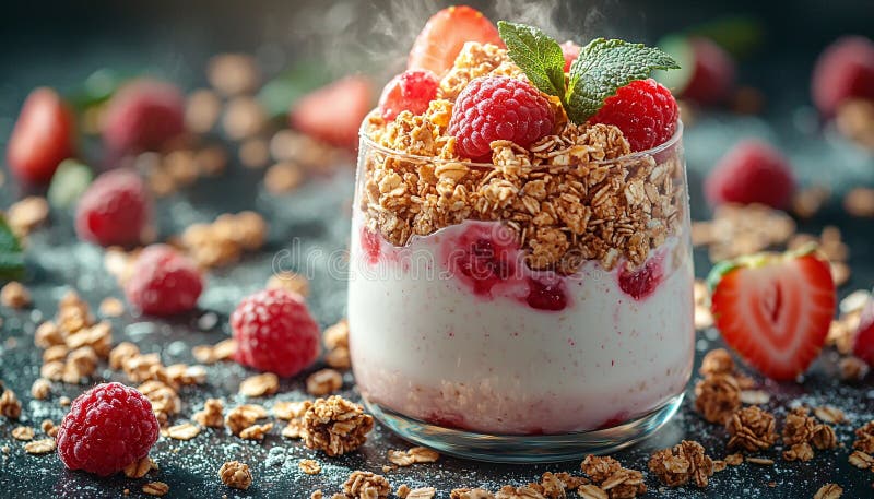 Fresh Raspberry Yogurt Parfait with Granola and Mint Leaf Generated by ...