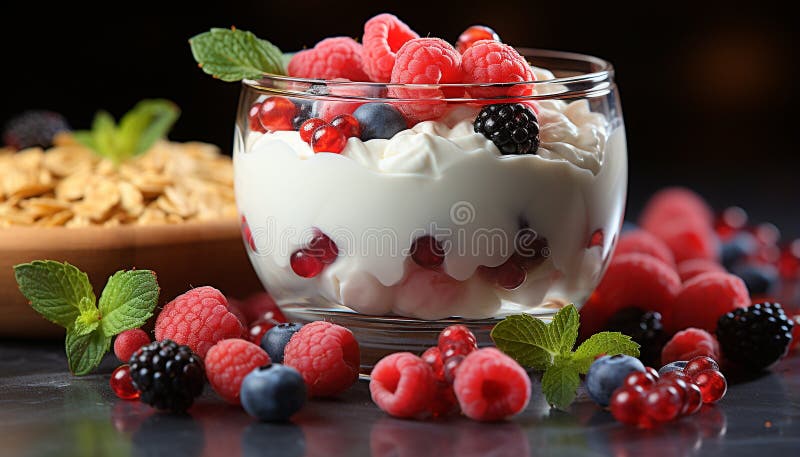 Fresh Raspberry Yogurt Parfait on Wooden Table, Healthy and Delicious ...