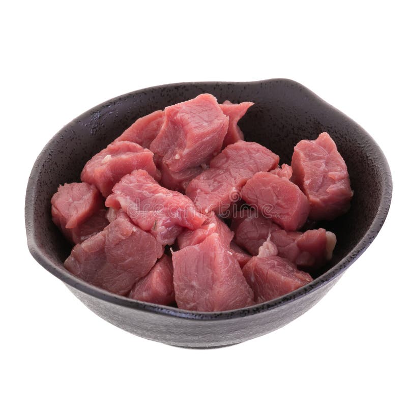Fresh Raw Beef Cubes in Black Bowl Isolated on White Background Stock ...