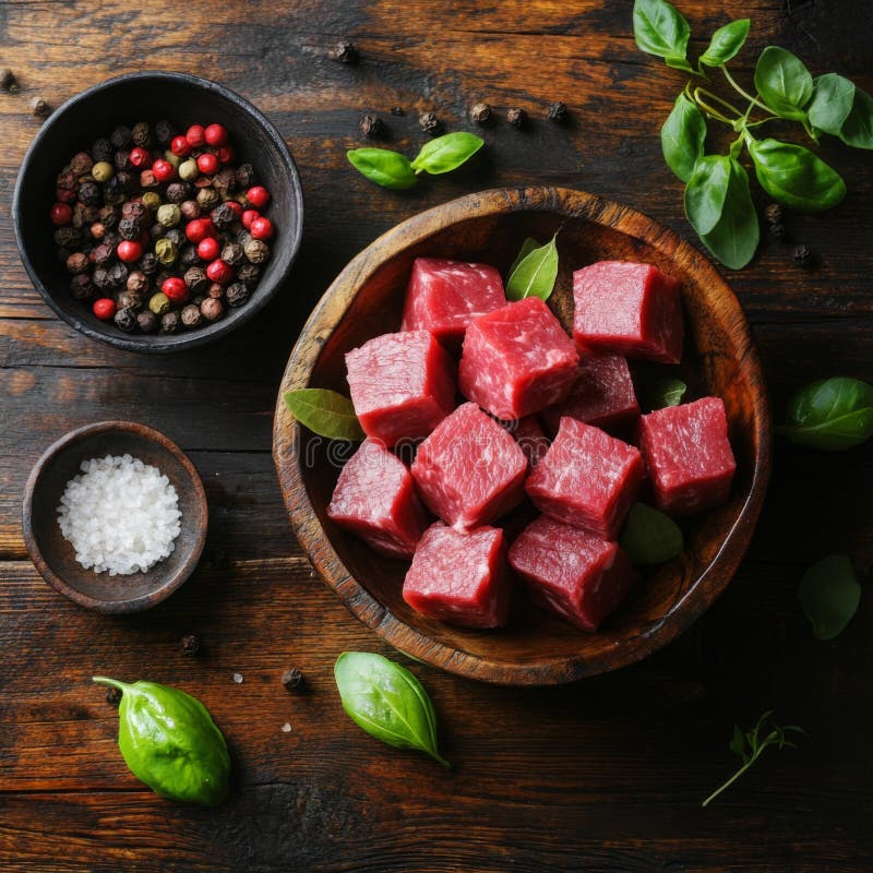 Fresh Raw Beef Cubes Spices Rustic Wooden Table Stock Photos - Free ...