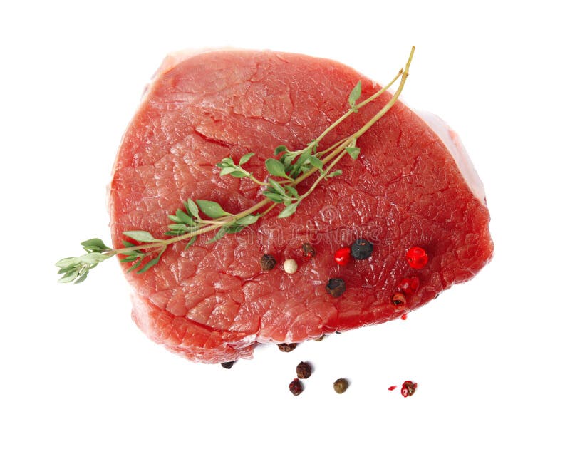 Fresh Raw Beef Cut with Thyme and Peppers Mix Isolated, Top View Stock ...