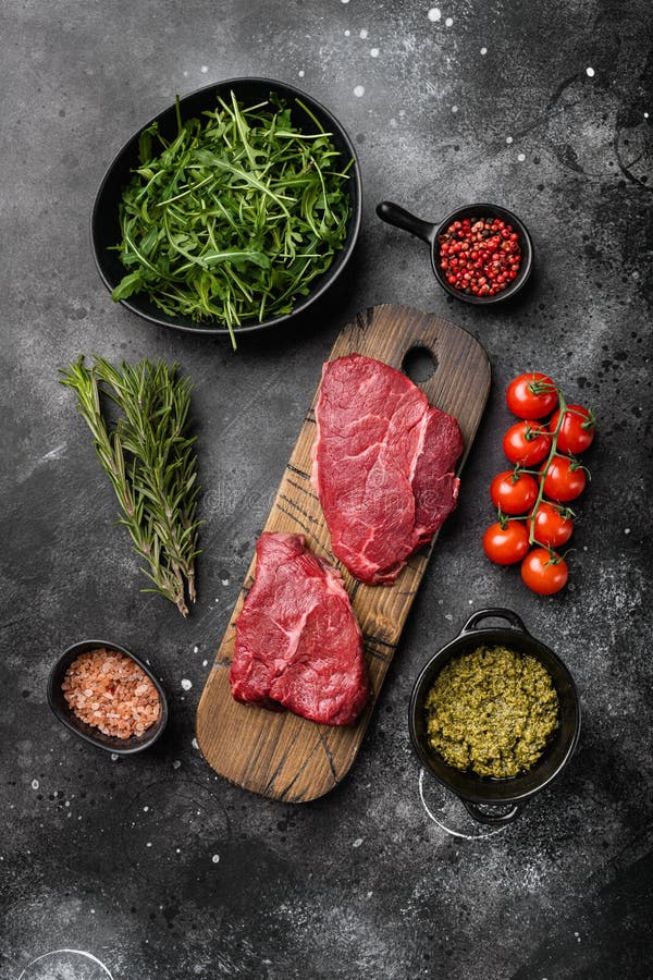 Fresh Raw Beef Meat Rump Steak, on Black Dark Stone Table Background ...