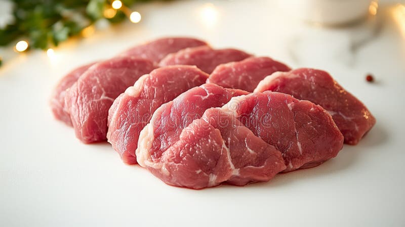 Fresh Raw Beef Medallions on White Surface with Warm Lighting Stock ...