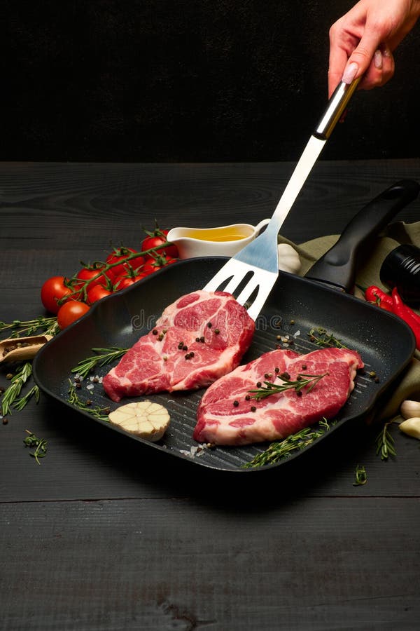 Fresh Raw Beef or Pork Steaks on Frying Pan Stock Image - Image of ...