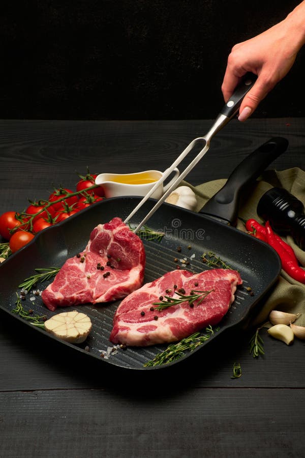 Fresh Raw Beef or Pork Steaks on Frying Pan Stock Photo - Image of ...
