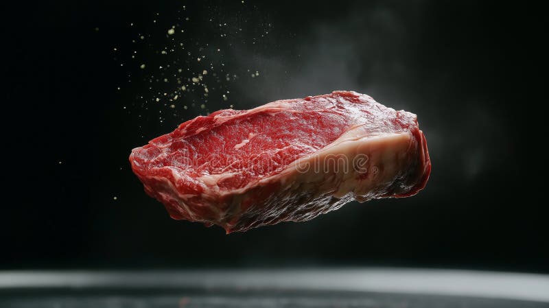 Fresh Raw Beef Steak Floating Midair with Seasoning Sprinkles in ...
