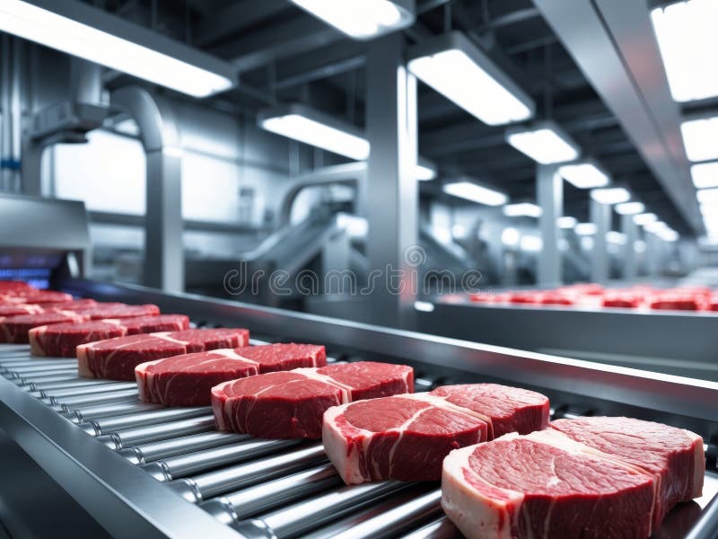 Fresh Raw Beef Steaks on a Conveyor Belt in a Meat Processing Facility ...