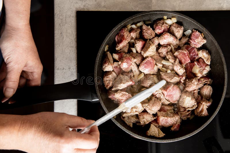 Fresh Raw Chopped Meat and Onion in a Frying Pan Stock Image - Image of ...