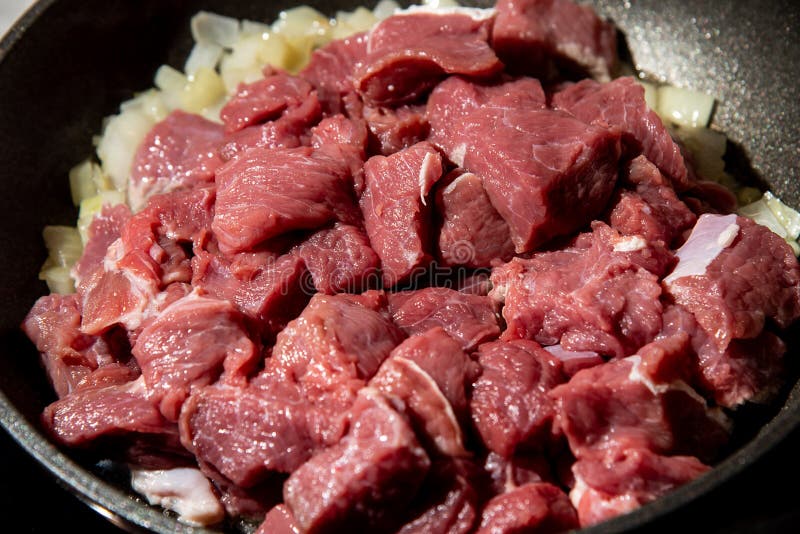 Fresh Raw Chopped Meat and Onion in a Frying Pan Stock Photo - Image of ...