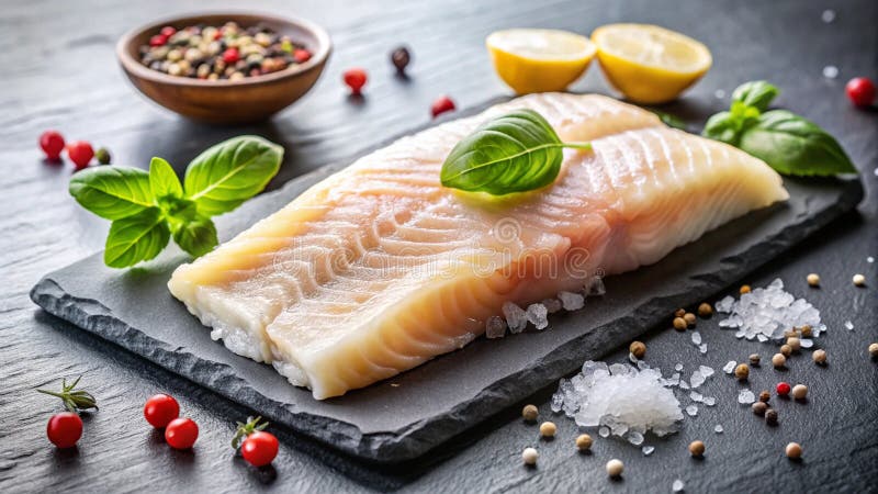 Fresh Raw Cod Fillet with Spices Pepper Salt Basil on Stone Plate ...