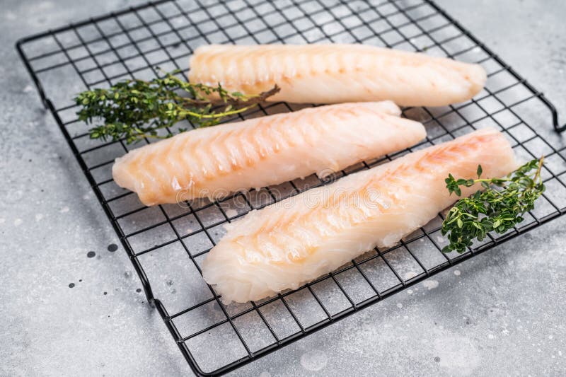 Fresh Raw Cod Fish Fillet, Boneless White Fish Meat. Gray Background ...