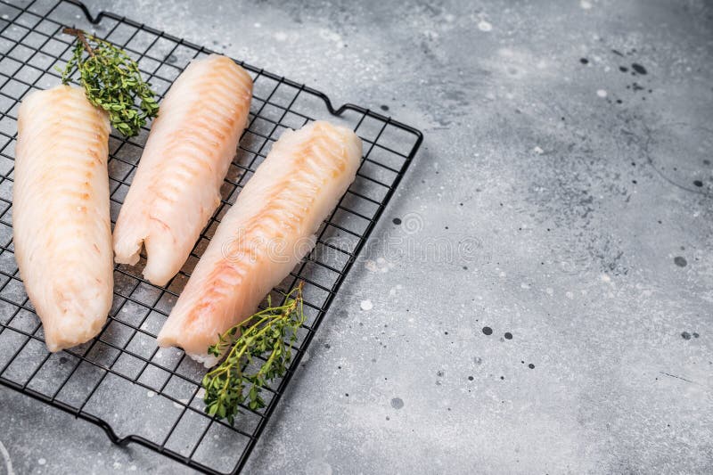 Fresh Raw Cod Fish Fillet, Boneless White Fish Meat. Gray Background ...