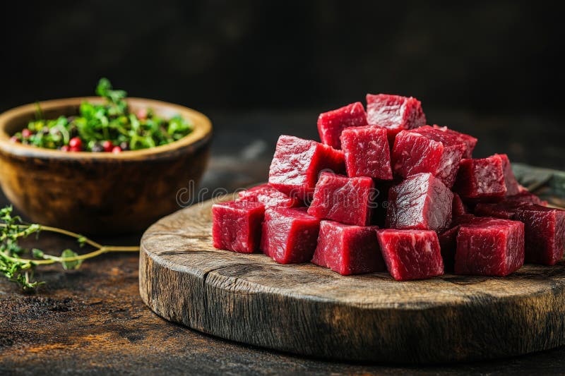 Fresh Raw Cubed Beef on Wooden Board with Herbs and Spices in Rustic ...