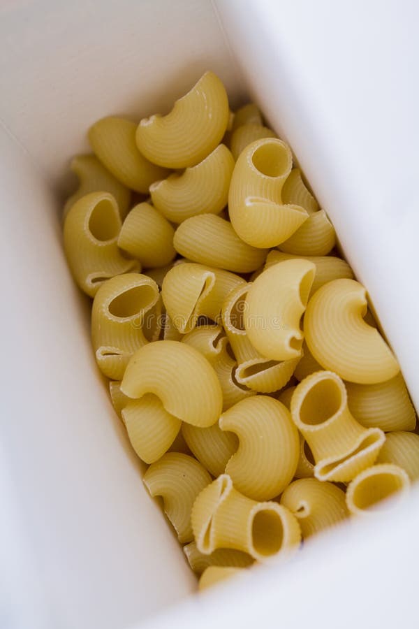 Fresh Raw Durum Pasta in White Box in Kitchen Stock Photo - Image of ...