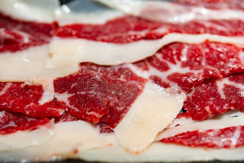Raw Fatty Beef and Bacon Pork Meat Ingredients for Hot Pot Soup Mix ...