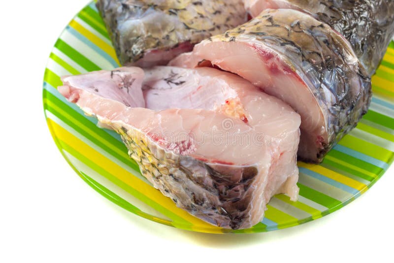 Fresh Raw Tuna Fish Pieces On Plate Isolated Stock Image - Image of ...