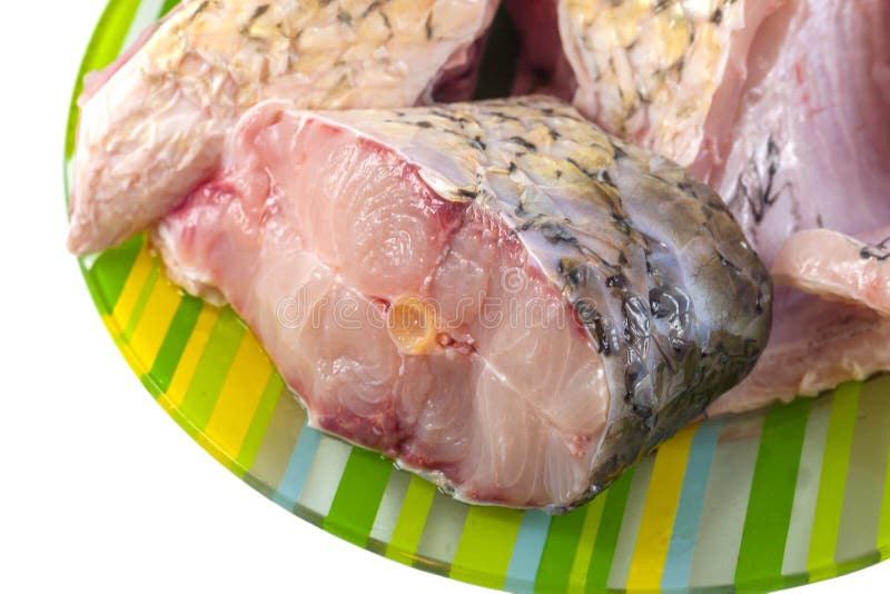 Fresh Raw Fish Pieces on Plate Isolated on White Background Stock Image ...