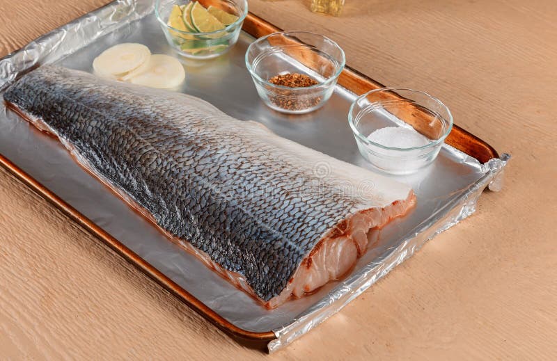 Fresh Raw Fish Prepared for Baking. Marinated in Spices of Juicy Lemon ...