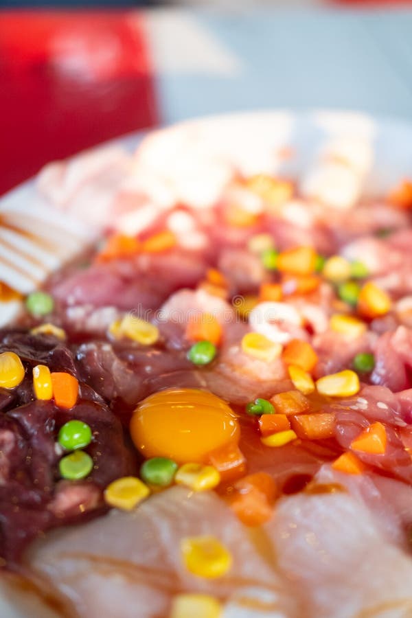 Fresh Raw Meal with Eggs in Dish Ready for Cooking Stock Photo - Image ...