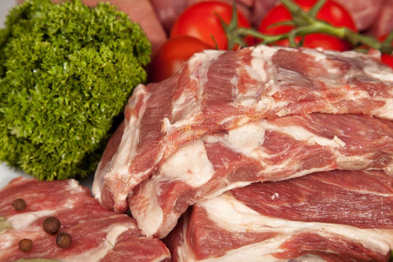 Fresh Raw Meat Background with Pork Edges; Beef Meat, Turkey and Stock ...