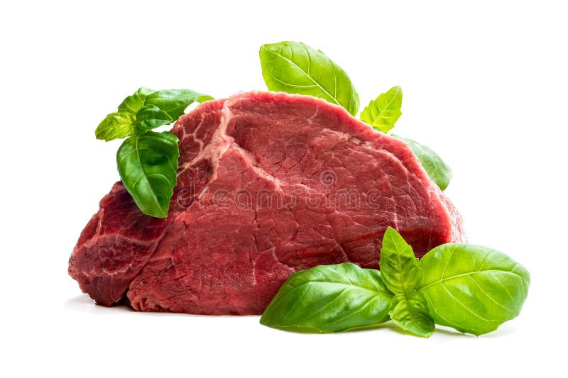 Fresh Raw Meat Beef Piece with Basil Leaf Isolated on White Background ...