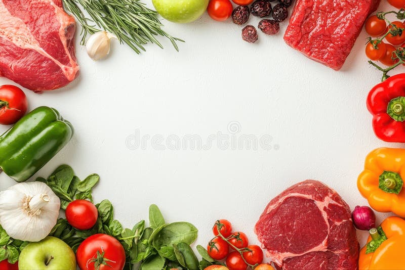 Fresh Raw Meat and Colorful Vegetables Arranged Around Copy Space ...