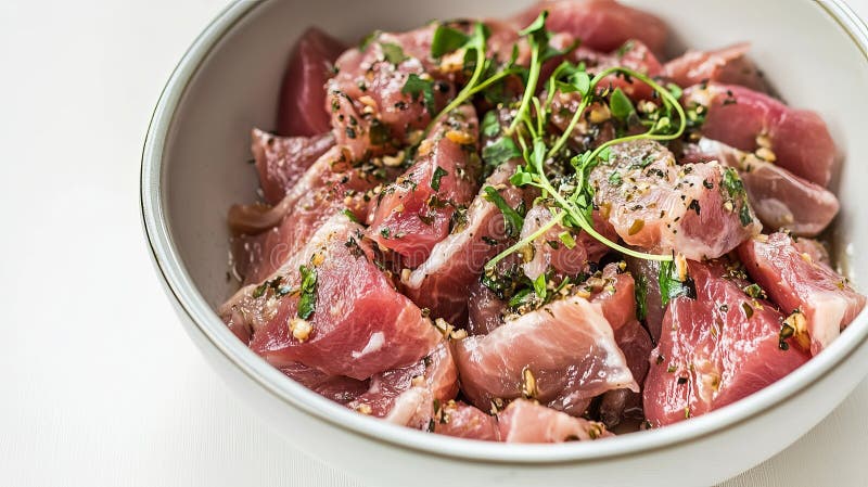 Fresh Raw Meat Cubes Marinated with Herbs and Spices in a White Bowl on ...