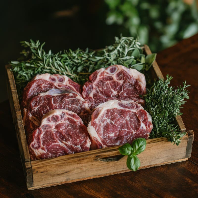 Fresh Raw Meat Cuts in Wooden Box Surrounded by Herbs on Rustic Table ...
