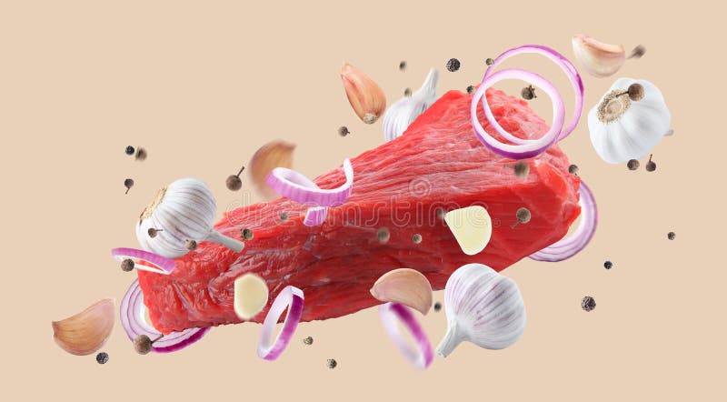 Fresh Raw Meat and Different Spices Flying on Beige Background Stock ...
