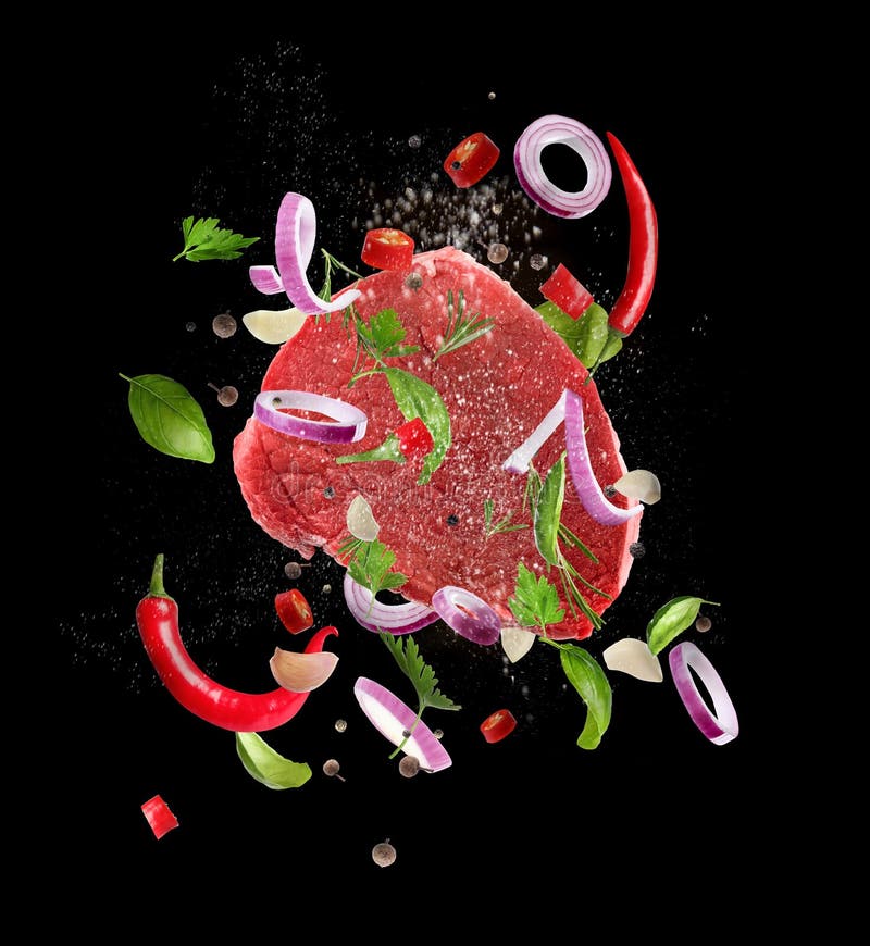 Fresh Raw Meat and Different Spices Flying on Black Background Stock ...