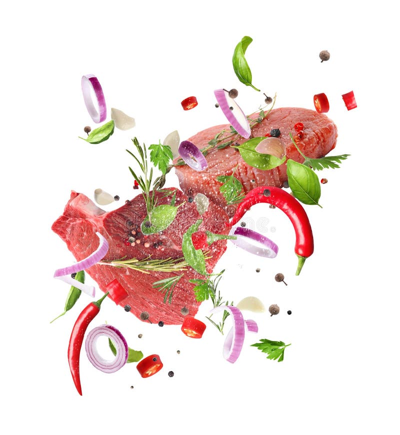 Fresh Raw Meat and Different Spices Flying on White Background Stock ...