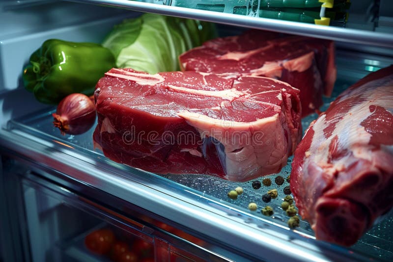 Fresh Raw Meat Displayed on Shelf Inside Open Refrigerator Stock ...