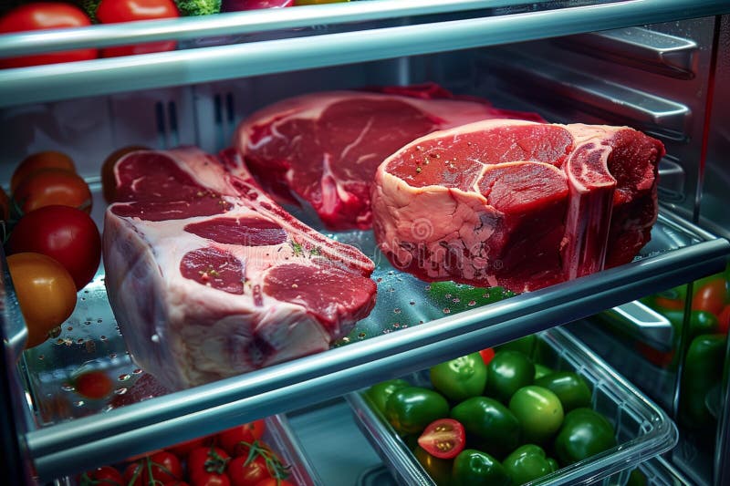 Fresh Raw Meat Displayed on Shelf Inside Open Refrigerator Stock ...