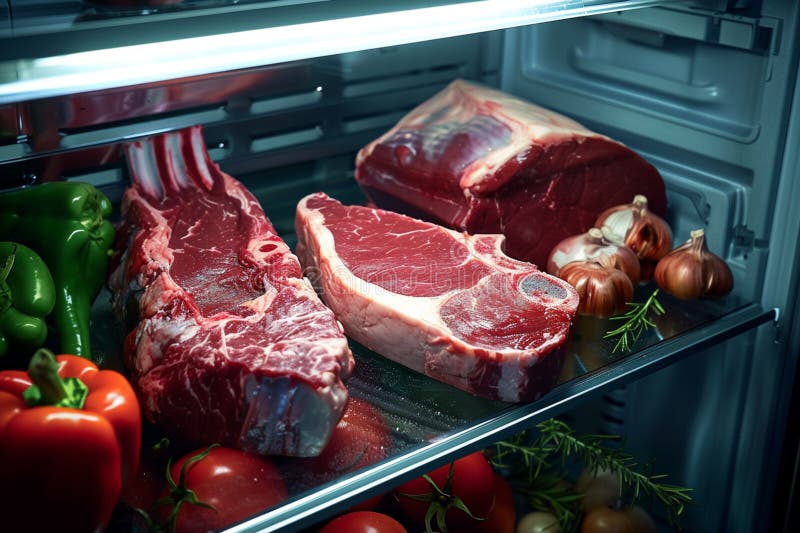 Fresh Raw Meat Displayed on Shelf Inside Open Refrigerator Stock ...