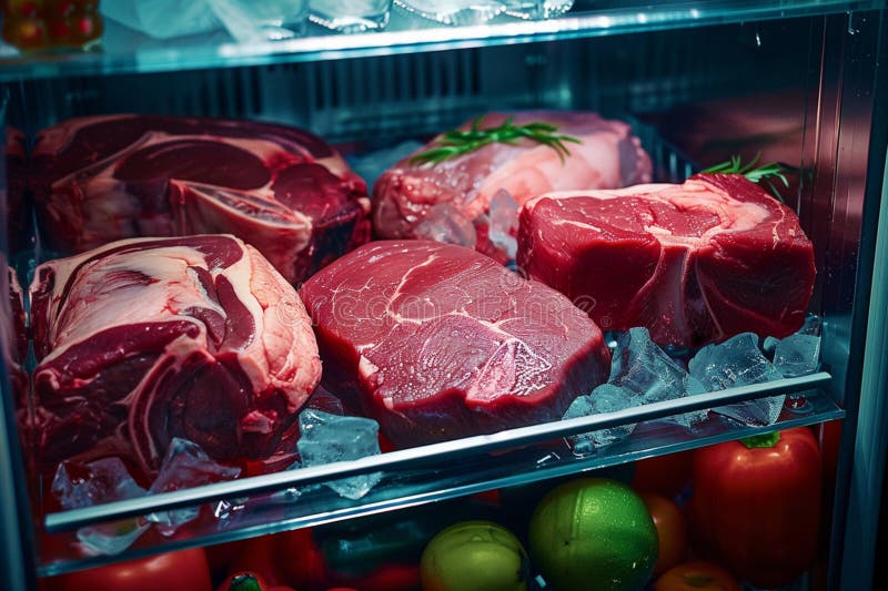 Fresh Raw Meat Displayed on Shelf Inside Open Refrigerator Stock ...