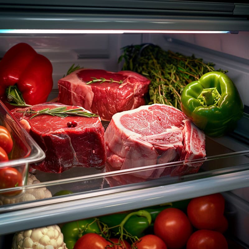 Fresh Raw Meat Displayed on Shelf Inside Open Refrigerator Stock ...