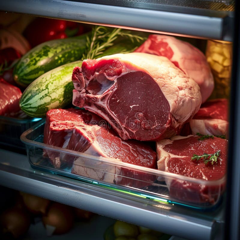 Fresh Raw Meat Displayed on Shelf Inside Open Refrigerator Stock ...