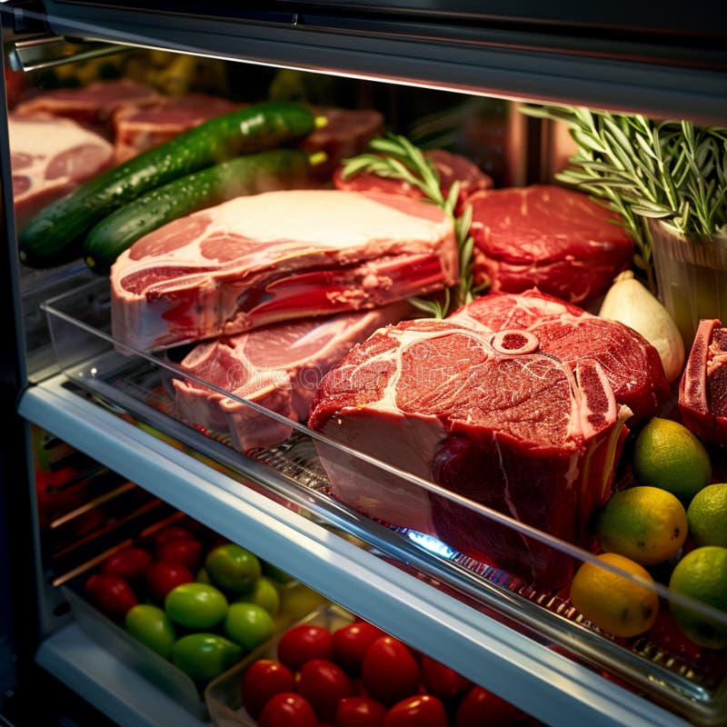 Fresh Raw Meat Displayed on Shelf Inside Open Refrigerator Stock ...
