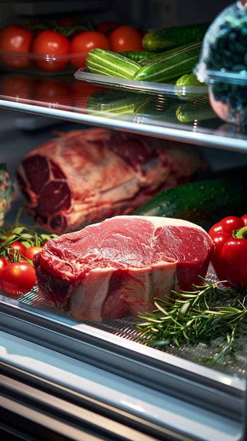 Fresh Raw Meat Displayed on Shelf Inside Open Refrigerator Stock ...