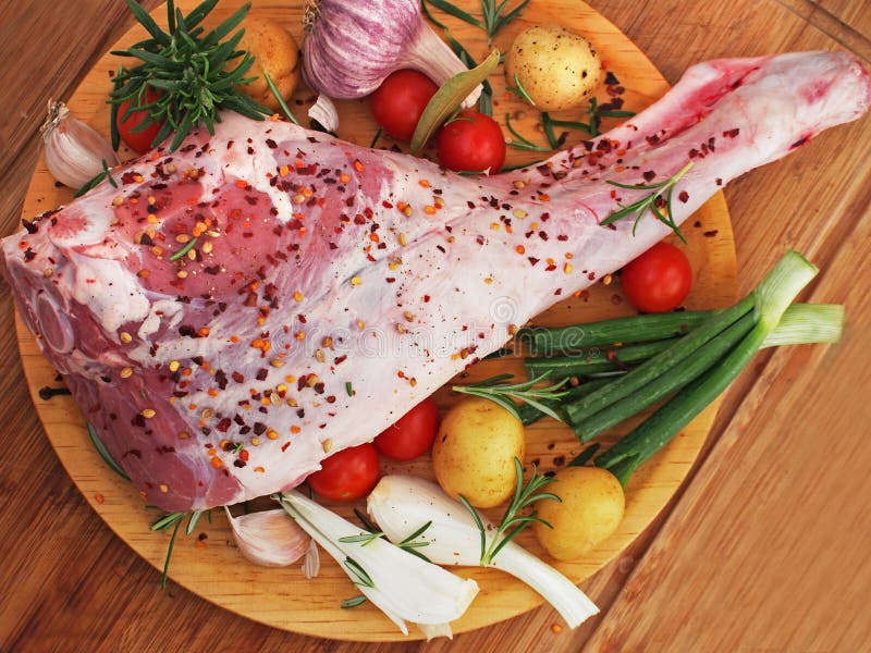 Fresh and Raw Meat. Leg of Lamb on Wood Background Stock Image - Image ...