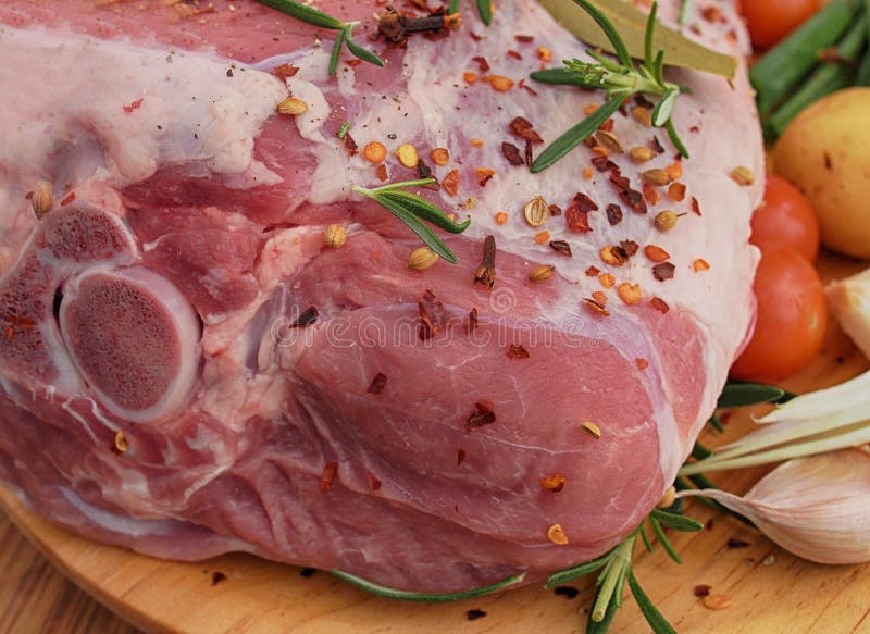 Fresh and Raw Meat. Leg of Lamb on Wood Background Stock Image - Image ...
