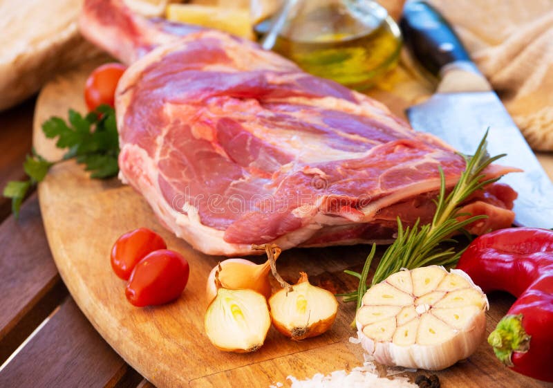 Fresh and Raw Meat. Leg of Lamb on Wood Background. Spain. Stock Image ...