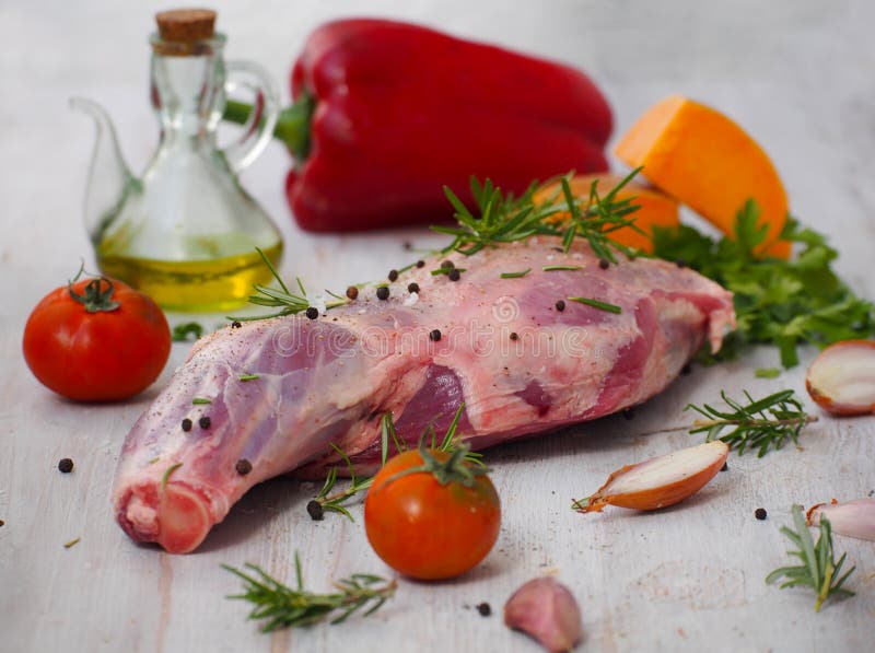 Fresh and Raw Meat. Leg of Lamb on Wood Background Stock Photo - Image ...