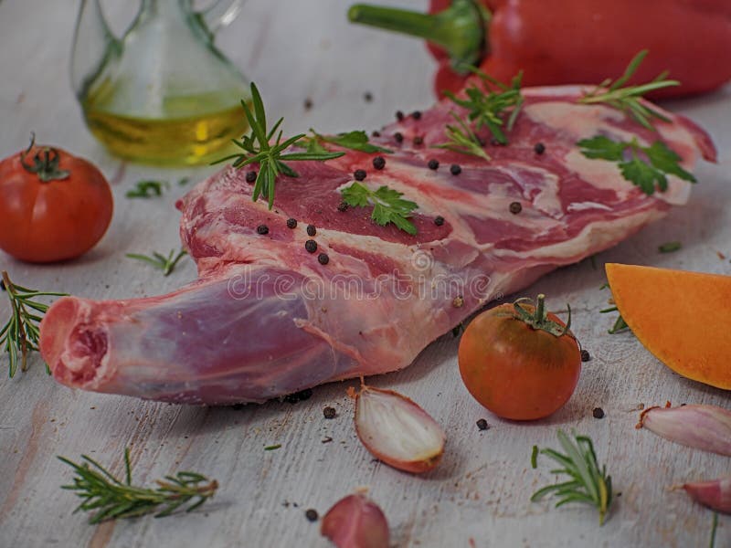 Fresh and Raw Meat. Leg of Lamb on Wood Background Stock Photo - Image ...